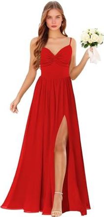 Generic Robe de demoiselle dhonneur en mousseline de soie avec col en V et bretelles spaghetti, longue robe de soirée plissée avec fente, Rouge, 52 Grande tai