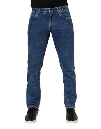 Dolce & Gabbana Mens Blue Cotton Logo Plaque Denim Jeans Clothing