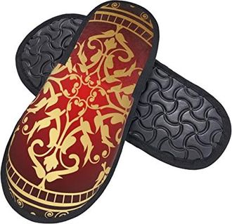 Generic Slippers Abstrait Ethnique Oriental Rouge Or Épais Pantoufles Légers Chaussons Pour La Maison Voyage DIntérieur L