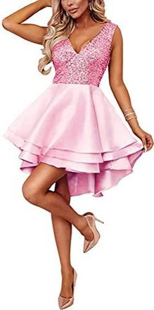 Minetom Femme Mini Robe de Cocktail à Paillettes en Satin Patineuse Plissé Taille Haut Col V Dos V sans Manche A-Ligne Soirée Princesse Robes Rose FR 40