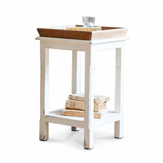 Loberon Beistelltisch Vieille, echte Handarbeit, abnehmbares Tablett, White-Washed-Effekt, Abstelltisch, Mangoholz, wei&szlig;/braun