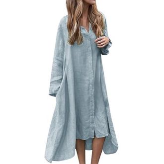 Generic Robe chemise en coton pour femme, robe chemise &agrave; manches longues pour femme, chemises en coton et lin, tuniques boutonn&eacute;es, chemisiers d&eacute;contract&eacute;s, r