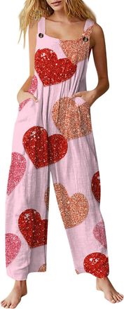 Generic Valentinstag Latzhose f&uuml;r Damen L&auml;ssige &auml;rmellose Jumpsuits mit weitem Bein Herz Grafik Festliche Einteiler Jumpsuit mit Taschen Light pink XXL
