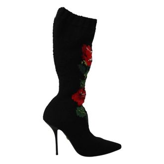 Dolce & Gabbana Stretch Socken Rote Rosen Booties - - Shoes - Damen - Schwarzk - 39 1/2 EU