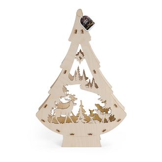 Saico LED Lichterbaum Rehe im Wald aus Holz - Weihnachtsdeko mit LED-Beleuchtung & integrierter Uhr - Fenster- & Tischdekoration, Geschenkidee Weihnachten -