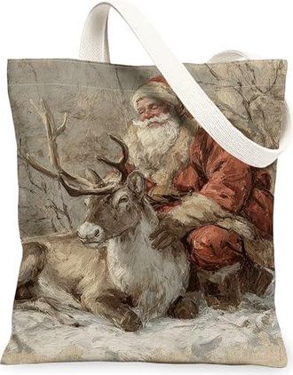 Generic Sacs fourre-tout en toile avec motif de renne de No&euml;l, sacs d&eacute;picerie r&eacute;utilisables, rustiques, l&eacute;gers et lavables, beige, 13x15 Inch