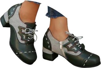 Generic Bottines r&eacute;tro en cuir &agrave; talon carr&eacute; &eacute;pais pour femme chaussures de marche confortables avec lacets et semelle antid&eacute;rapante pour tenues quotidiennes 