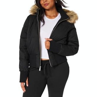 Generic Doudoune courte à capuche en fausse fourrure pour femme, manteau bomber matelassé chaud et rembourré, tendance avec poche à fermeture éclair, manteaux