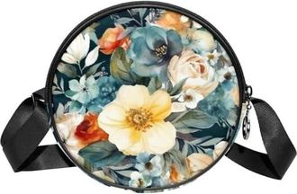 Generic Petit sac &agrave; bandouli&egrave;re circulaire pour femme, motif feuilles florales, sac &agrave; dos avec fermeture &eacute;clair, bretelles r&eacute;glables, sac &agrave; main rond d&eacute;contra