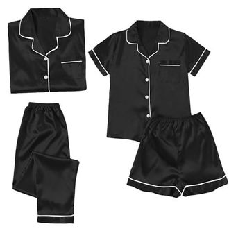 Generic Pyjama 4 pi&egrave;ces en soie pour femme - Ensemble de pyjama boutonn&eacute; en satin pour femme - Ensemble short et manches courtes boutonn&eacute; - Haut caraco - V&ecirc;te