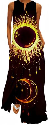 Ocean Plus Damen Muster Maxikleid V-Ausschnitt Kleid mit Stecktaschen und Weitem Rock (XXL, Goldene Sonne und Mond)