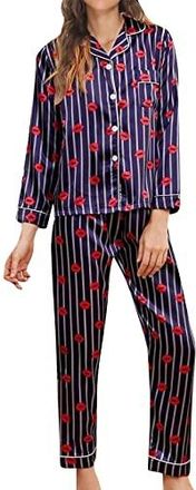 Generic Pyjama Femme &Eacute;t&eacute; En Coton En Satin De Soie Chemise De Nuit Chemise Avec Boutonni&egrave;re Tops Et Pantalon Longs Pyjama Set Respirant Pantalon De Pyjama Pou