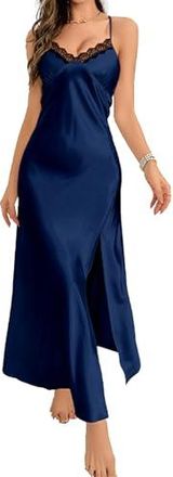 Generic Nuisette Femme Satin Doux d&eacute;collet&eacute; V Dentelle Dos Nu Fendu Longue Bretelles r&eacute;glables Lingerie Nuit