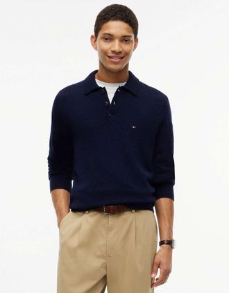 Tommy Hilfiger Pullover mit Polokragen aus reiner Lammwolle in Marineblau