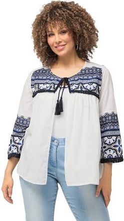 Ulla Popken Femme Grandes Tailles Veste-Chemisier avec Franges. Silhouette en A évasée. Décolleté Rond et Manches 3/4. Blanc Neige 50+ 827688200-50+