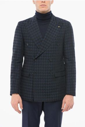 Corneliani Houndstooth Motif Linen Blend Double Breasted Blazer size 52