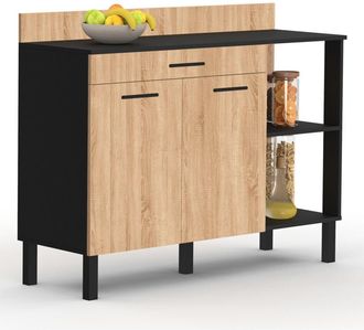IDMarket Buffet bas de cuisine 120 cm cina plan de travail H.83 cm 2 portes + tiroir noir et façon hêtre
