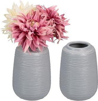 Relaxdays Vasen Set, 2 Blumenvasen, HxD: 15 x 10 cm, Frisch- & Trockenblumen, Dekovase aus Keramik, Tischdeko, grau