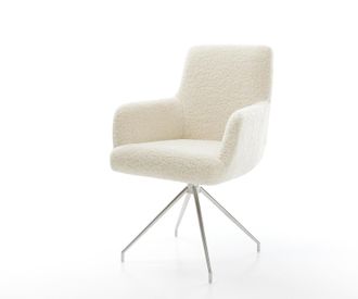 DELIFE Esszimmerstuhl Heira-Flex mit Armlehnen Teddystoff Beige Kreuzgestell konisch Edelstahl Taschenfederkern, Esszimmerst&uuml;hle