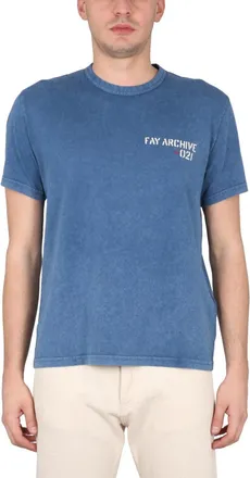 Fay Crewneck Logo-Print Cotton T-Shirt - Blue