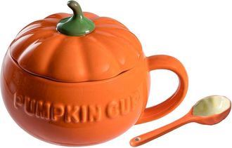 Angoily Kürbis Süße Kürbistasse Keramik-Kaffeetasse Mit Deckel Und Löffel Halloween-Kürbis-Tasse Milchsuppentasse (Orange) Wasserbecher