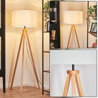 HOFSTEIN Stehleuchte Flemming, Stehlampe aus Holz im modernen Boho-Design, Schirm aus Stoff, Ø 50 cm, 154 cm, E27, mit Fußschalter - Wohnzimmer, Schlafzimmer, 