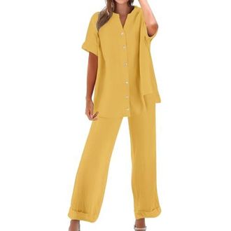 Generic Ensemble de pyjama 2 pi&egrave;ces &agrave; manches longues pour femme - V&ecirc;tement de d&eacute;tente tendance et confortable - Surv&ecirc;tement de nuit pour femme, jaune, XXXXXL