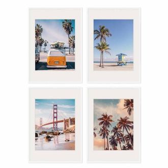 Photolini Cadre 50x70 blanc bois MDF, lot de 4 cadre photos avec passe-partout pour posters et affiches, verre acrylique incassable, cadre 70x50 à suspendre, ca