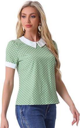 Allegra K Top Femme Col Claudine Vintage à Pois Costume dhalloween Vert Poussiéreux XL