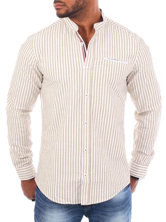 Carisma Herren Baumwoll Leinen Mix Stehkragen Hemd gestreift Langarm 8455, Gr&ouml;sse:4XL, Farbe:Beige