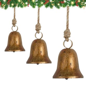 Generic Traditionelle Weihnachtsglocken, große rustikale hängende Glocken mit Juteseil, antikes goldfarbenes Metall, Weihnachtsglocken für Bäume, Kränze, Türe