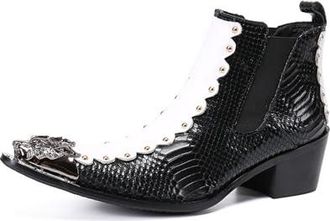 Generic Bottines Chelsea décontractées pour homme en cuir avec bout en métal et bout en métal - Bottes de cowboy tendance faites à la main, noir/blanc, 38 2/3