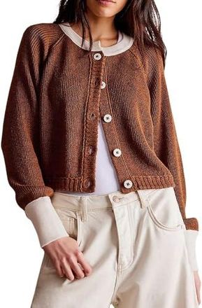 Lazutom Cardigan en tricot torsadé décontracté à manches longues ouvert sur le devant boutonné pour femme, café, L