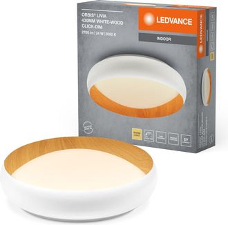 Ledvance ORBIS Livia LED-Deckenleuchte mit Metallring, weiß/Holzdekor, 24W, 1200lm, 3000K, 430mm, 830 freundliches Warmweiß, durch Klicken in 3-Stufen dimmbar,