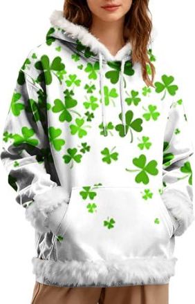 Generic Sweat &agrave; capuche en polaire pour femme - Motif tr&egrave;fle irlandais - Manches longues - Col rond - Coupe ample - Super doux et chaud - Avec grandes poches,