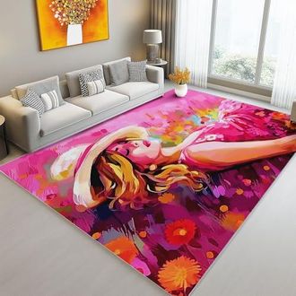 Generic Rose Lavable en Machine Tapis Salon Aquarelle Femme Fleurs, 120 x 180 cm Doux Tapis de Sol Pelucheux Dessous Antid&eacute;rapant, Entree Interieur Chambre Co