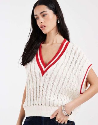 Tommy Jeans Pull sans manches en maille torsad&eacute;e &agrave; liser&eacute;s contrastants - Cr&egrave;me-Blanc