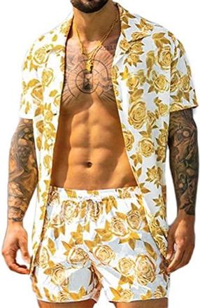 TOMWELL Ensemble Survêtements Hawaiian Imprimé Homme Été T-Shirt à Manche Courte et Shorts 2 pièces Plage Casual Sportswear Fitness Jogging Mode Short à Cordo