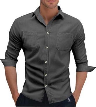 Generic Chemise boutonn&eacute;e en velours c&ocirc;tel&eacute; &agrave; manches longues pour homme - Veste de camionneur en coton avec poches - Coupe r&eacute;guli&egrave;re - D&eacute;contract&eacute;e - Solide 