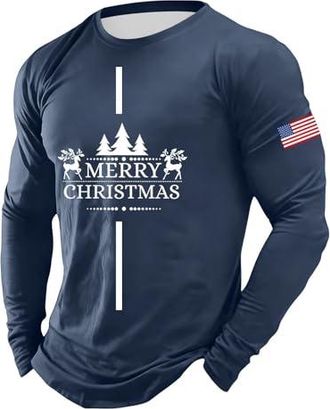 Generic T-shirt &agrave; manches longues et col rond pour les vacances, t-shirt graphique doux, d&eacute;contract&eacute;, coupe d&eacute;contract&eacute;e, chemise fantaisie, bleu marine, 4XL