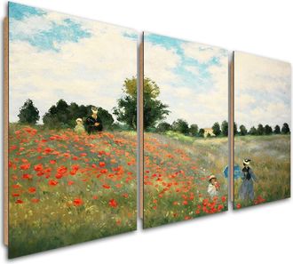 Feeby 3-teilig Dekobild 60x30 cm Mohnblumen Reproduktion Claude Monet Bild Kunstdruck Wand Bild Kunstdruck Wohnzimmer Wohnungs Deko Natur Wiese Landschaft A