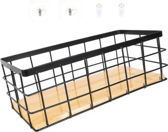 Lurrose Wandh&auml;ngender Aufbewahrungskorb aus Schmiedeeisen mit Holzbrett Gro&szlig;er Rechteckiger Ablagekorb Schwarzer Dekorativer Drahtkorb f&uuml;r Bad und Wohnzimmer