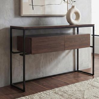 Mendler Konsolentisch HWC-P46, Telefontisch Beistelltisch Ablagetisch, Schublade Metall MDF Melamin 80x120x40cm - braun