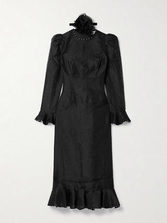 Zimmermann Robe Midi En Lin Et Soie Mélangés À Ornements Crush - Noir