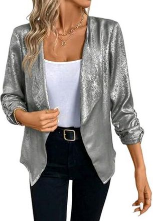 Generic Blazer pour Femme - Veste Blazer Scintillante pour Femme Cardigan Ouvert sur Le Devant Manches 3/4 Fronc&eacute;es Col &Agrave; Revers Veste De Tailleur &Eacute;l&eacute;gante Et