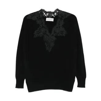 Ermanno Scervino Femme, Pulls, Noir, Taille: 40 FR Pull Noir Col V Manches Longues
