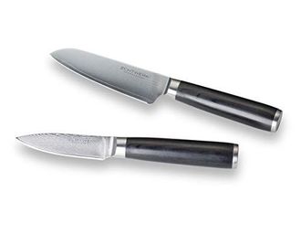 Echtwerk Set de 2 couteaux damass&eacute;s, couteau Santoku env. 13cm/&eacute;plucheur env. 8cm, couteau de cuisine, couteau japonais, couteau &agrave; l&eacute;gumes, acier damass&eacute;, manc