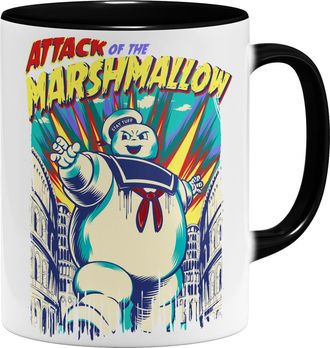 OM3 Ghost Marshmallow Attack Kaffee-Tasse mit Retro Motiv - Comic Style - Keramik Becher - 325ml - Beidseitig Bedruckt - Schwarz