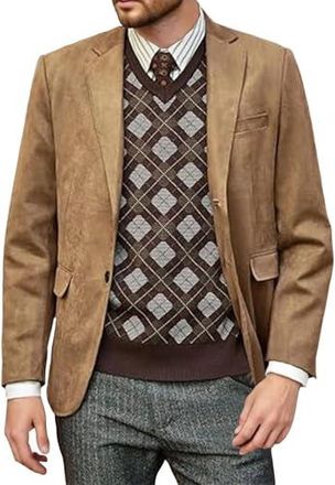 Generic Blazer en daim synth&eacute;tique &agrave; simple boutonnage pour homme avec revers crant&eacute; Veste de costume 2 boutons Manteau de sport avec poches, kaki, XXL