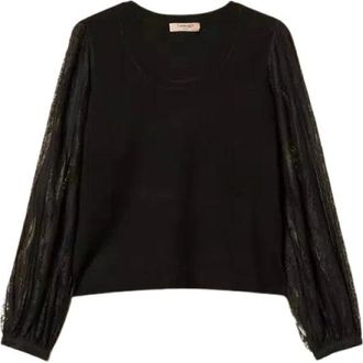 Twinset Femme, Blouses et Chemises, Noir, Taille: 40 FR Lace-Sleeve Knit Top
